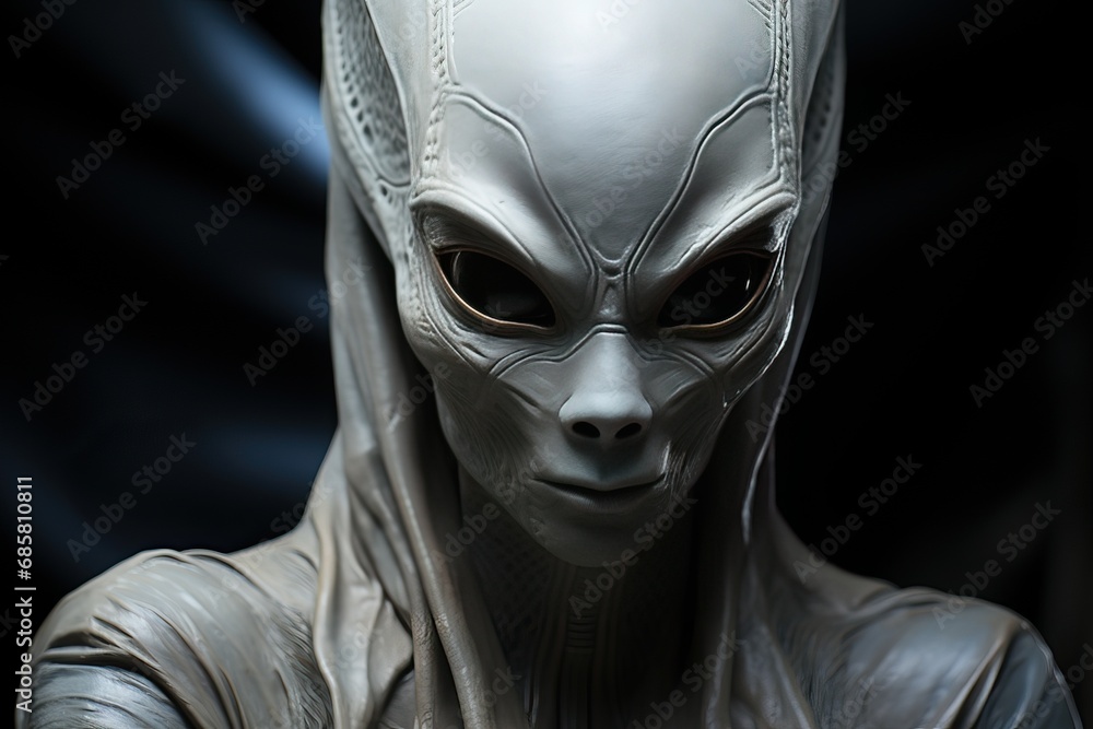 Portrait of an alien with a nose and big eyes, a shrunken head of an ...