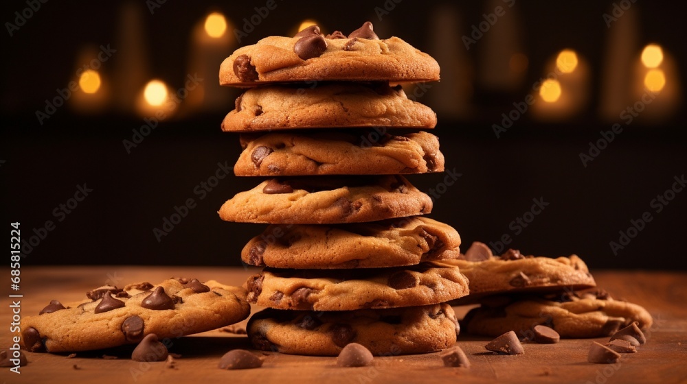 A stack of chocolate chip cookies, with one broken to show the gooey ...