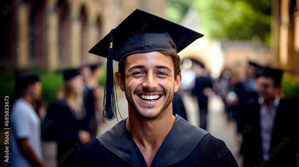 Cheerful of student in graduation. Wearing toga hat and gown. Happily ...