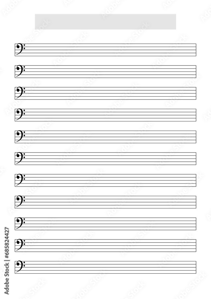 Blank music score sheet template to write music (F Clef). Printable A4 ...