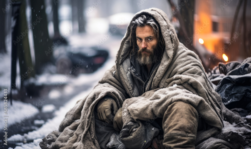 Homeless man wrapped in tattered blankets sitting by a snowy street ...