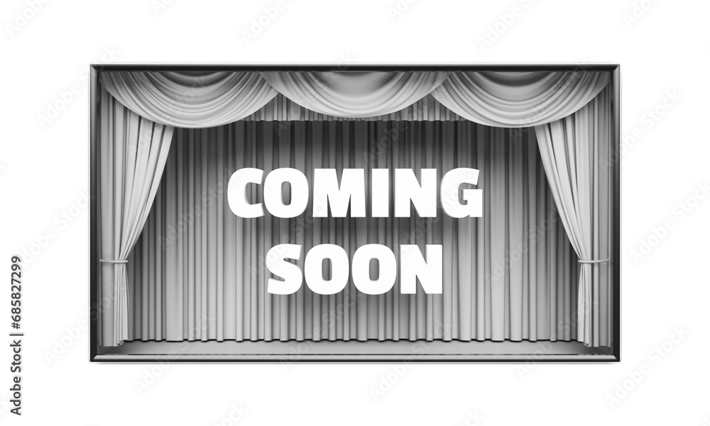 Coming Soon poster with stage curtains revealing a message. Cable tv ...