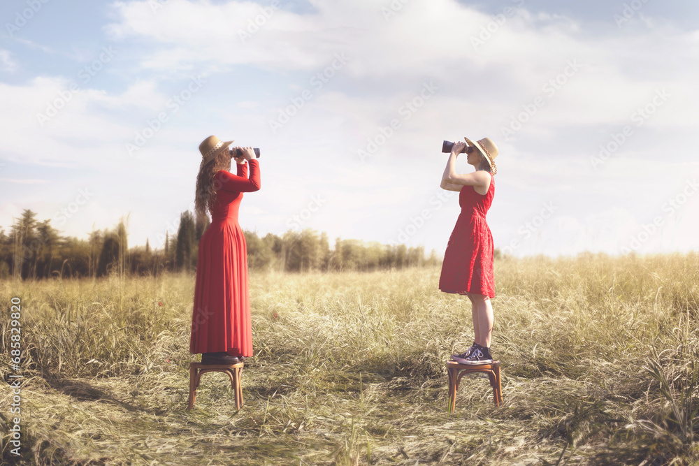 Poster surreal images of two women with telescope facing each other ...