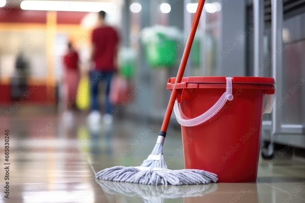 Closeup Of Red Bucket And Mop For Cleaning Premises. Сoncept Cleaning ...