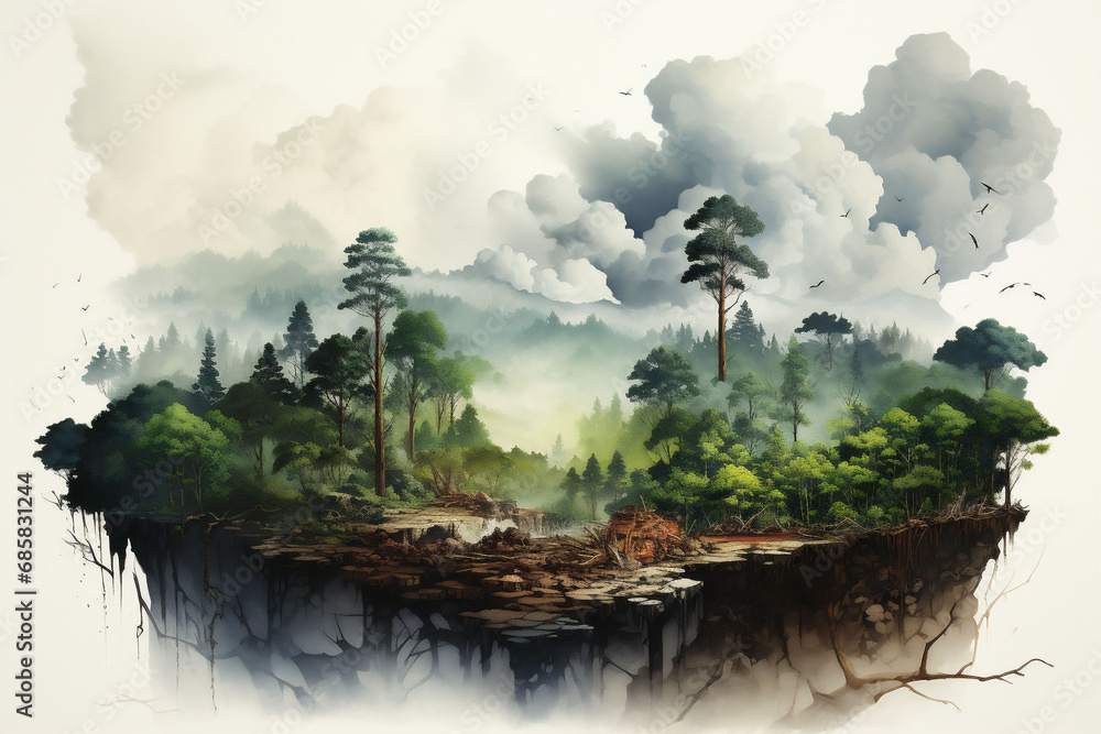 An abstract drawing of a floating chunk of land with a forest and ...