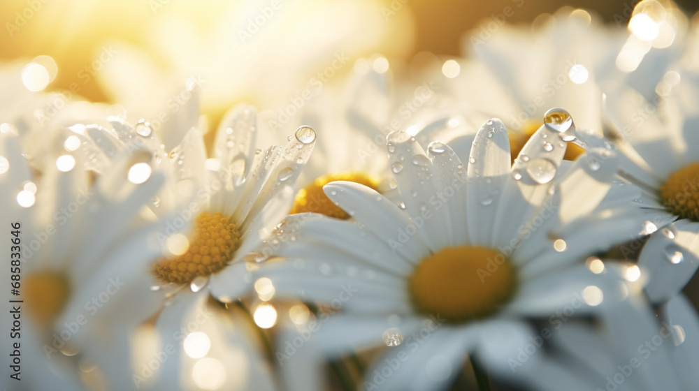 Daisy Petals,Sparkling dewdrops on vibrant , backlit by morning rays ...