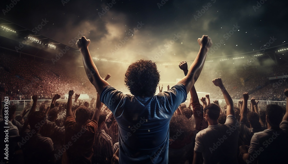 Football, soccer fan support their team and celebrate goal, Rear view ...