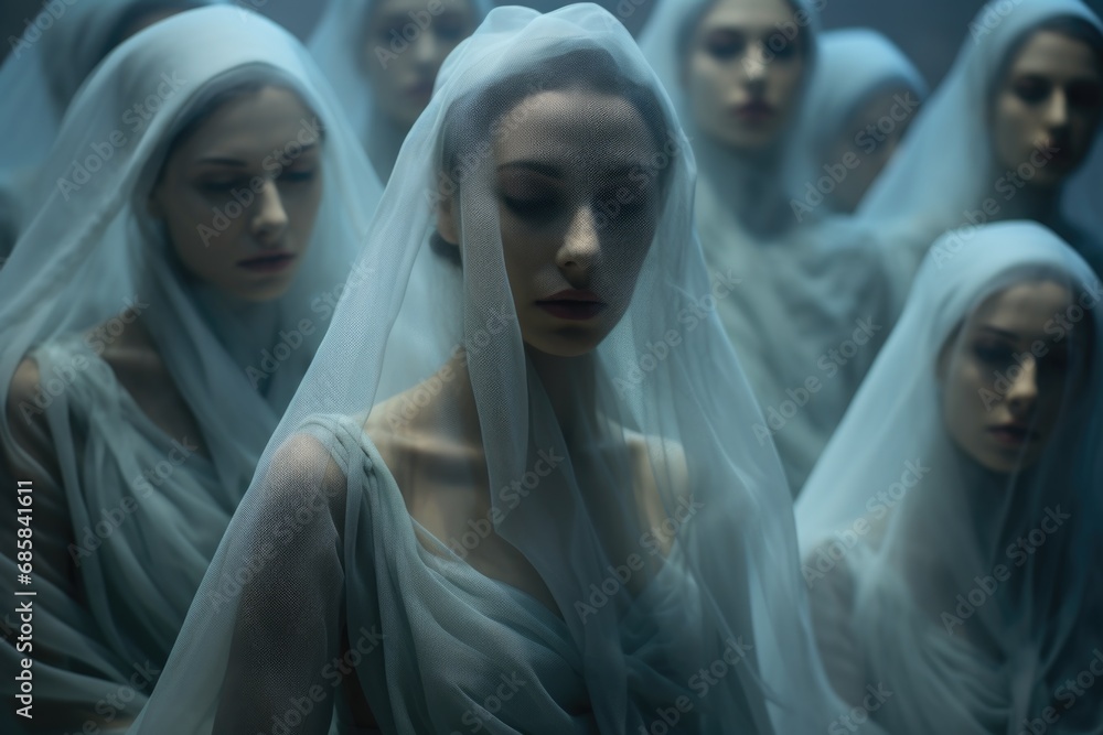 A group of women wearing veils in a dark room. This image can be used ...