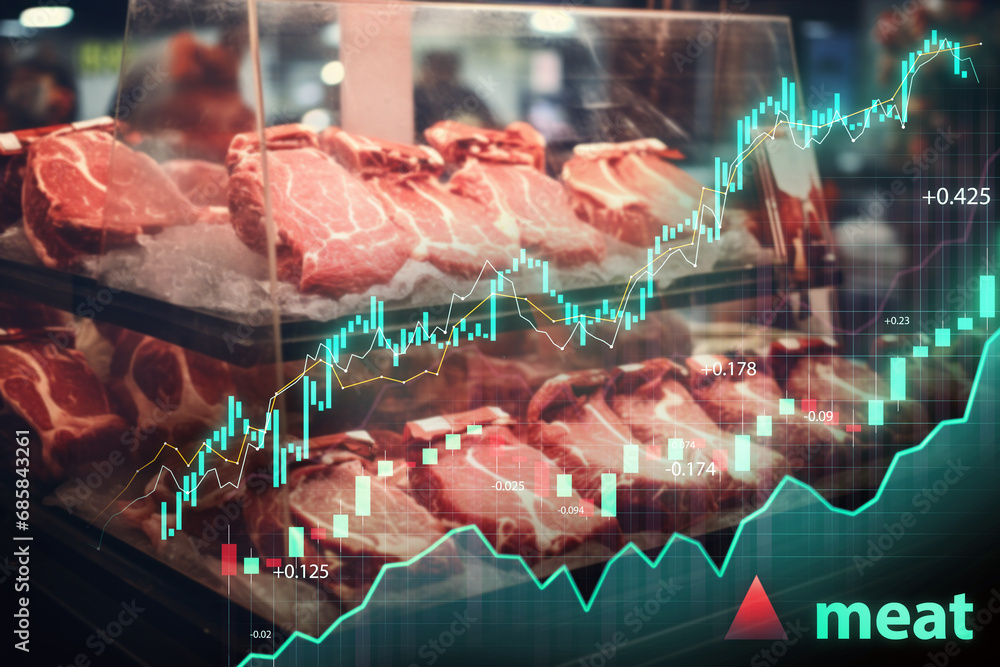 Various meats displayed in a butcher shop with financial graphs ...