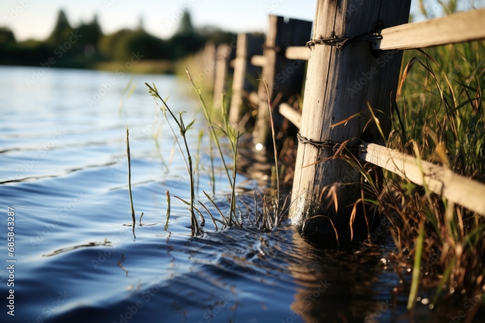 A picture of a wooden fence standing in the middle of a body of water ...
