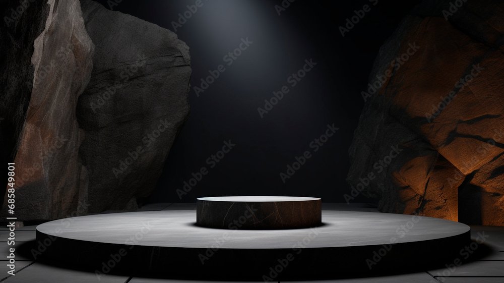 an elevated platform against a backdrop of black, dark and gray stone ...