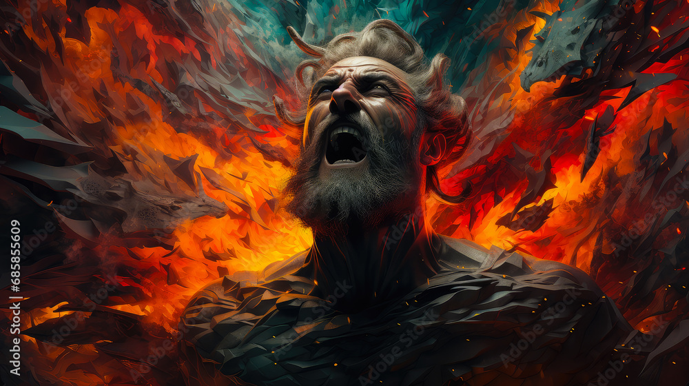 Fantasy portrait of a screaming man with a beard and hair in the flames ...