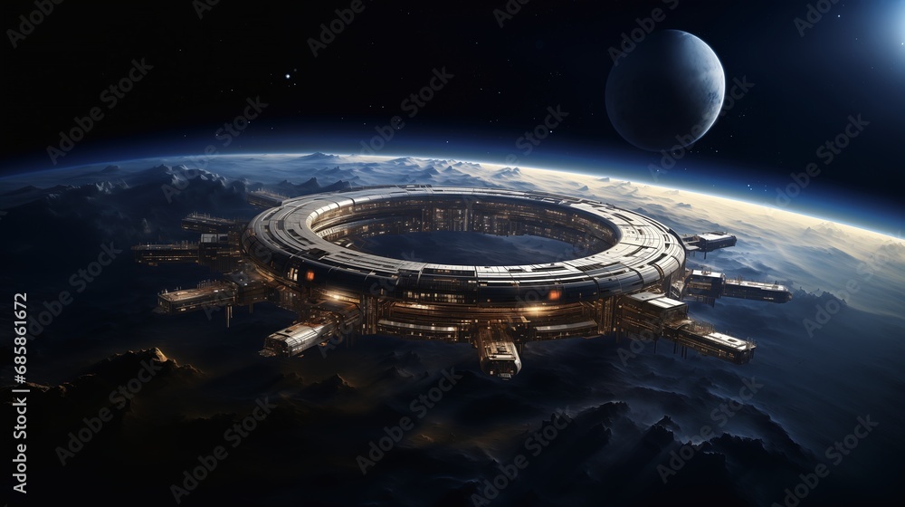 spaceship flying planet moon background architectural design crop ...