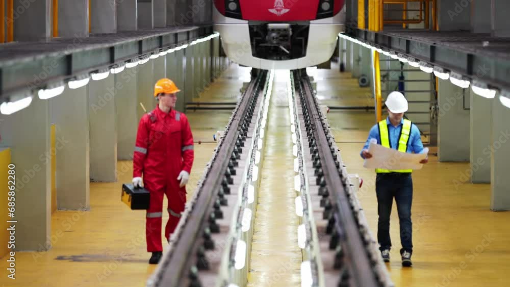 Engineer with blueprints prepare to inspect electric train machinery ...
