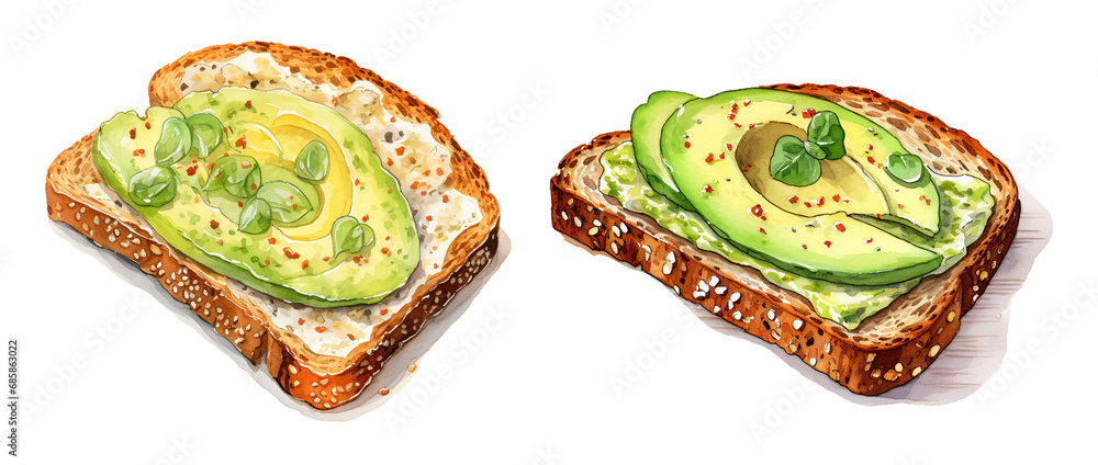 Avocado toast, watercolor clipart illustration with isolated background ...
