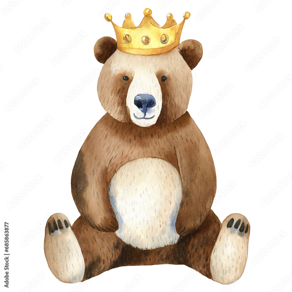 Watercolor drawing of cute brown bear wearing crown, transparent ...