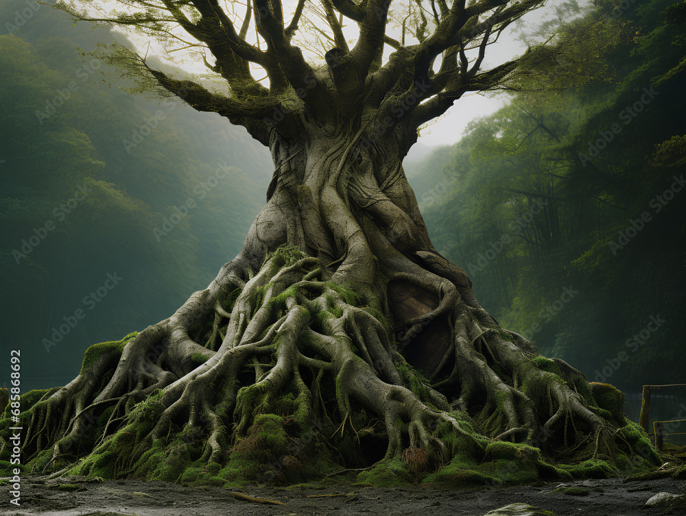 Aged Majesty: An intricate abstract illustration of an ancient tree ...