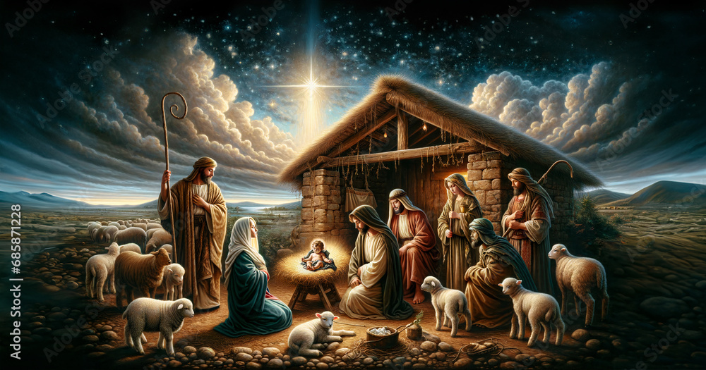 Oil painting representing the holy family. Nativity scene in Bethlehem ...