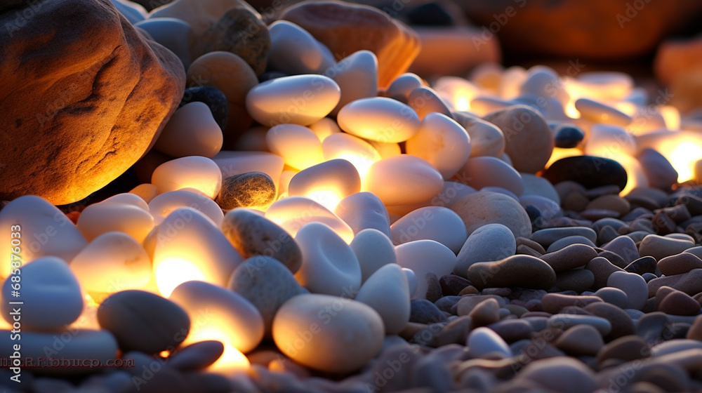 Glowing Pebbles: Visualize white pebbles illuminated by soft, ambient ...