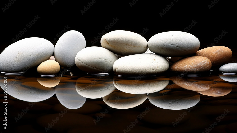Pebble Reflections: Showcase white pebbles arranged near a reflective ...