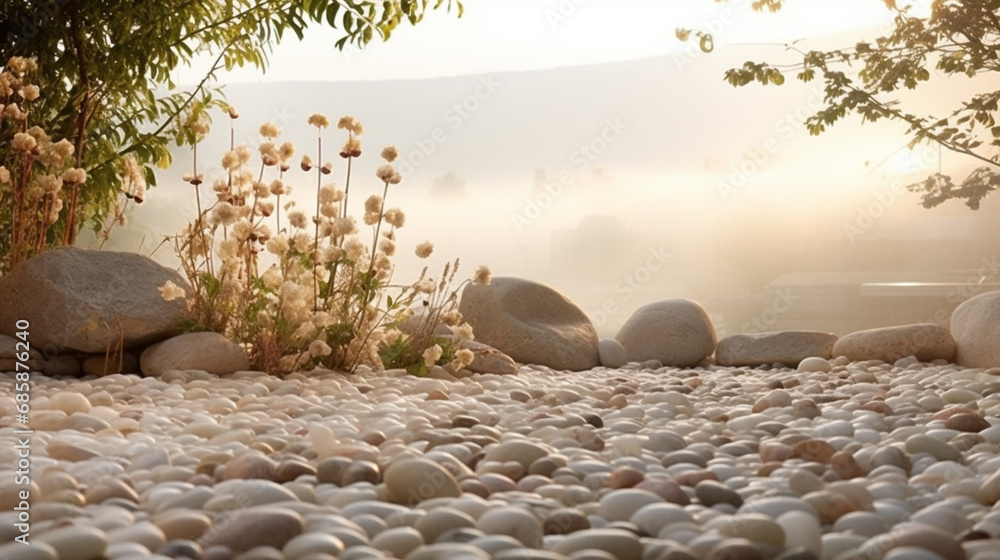 Misty Morning: Showcase white pebbles in the gentle mist of the morning ...