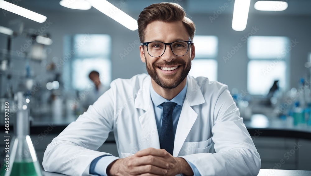 Portrait of mature successful scientist lab technician at workplace in ...