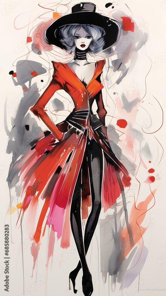 a fashion hand drawing sketch, luxury and extravagant cabaret costume ...