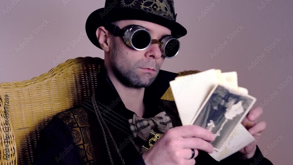 Retro-futuristic man, eccentric scientist or inventor in hat and black ...