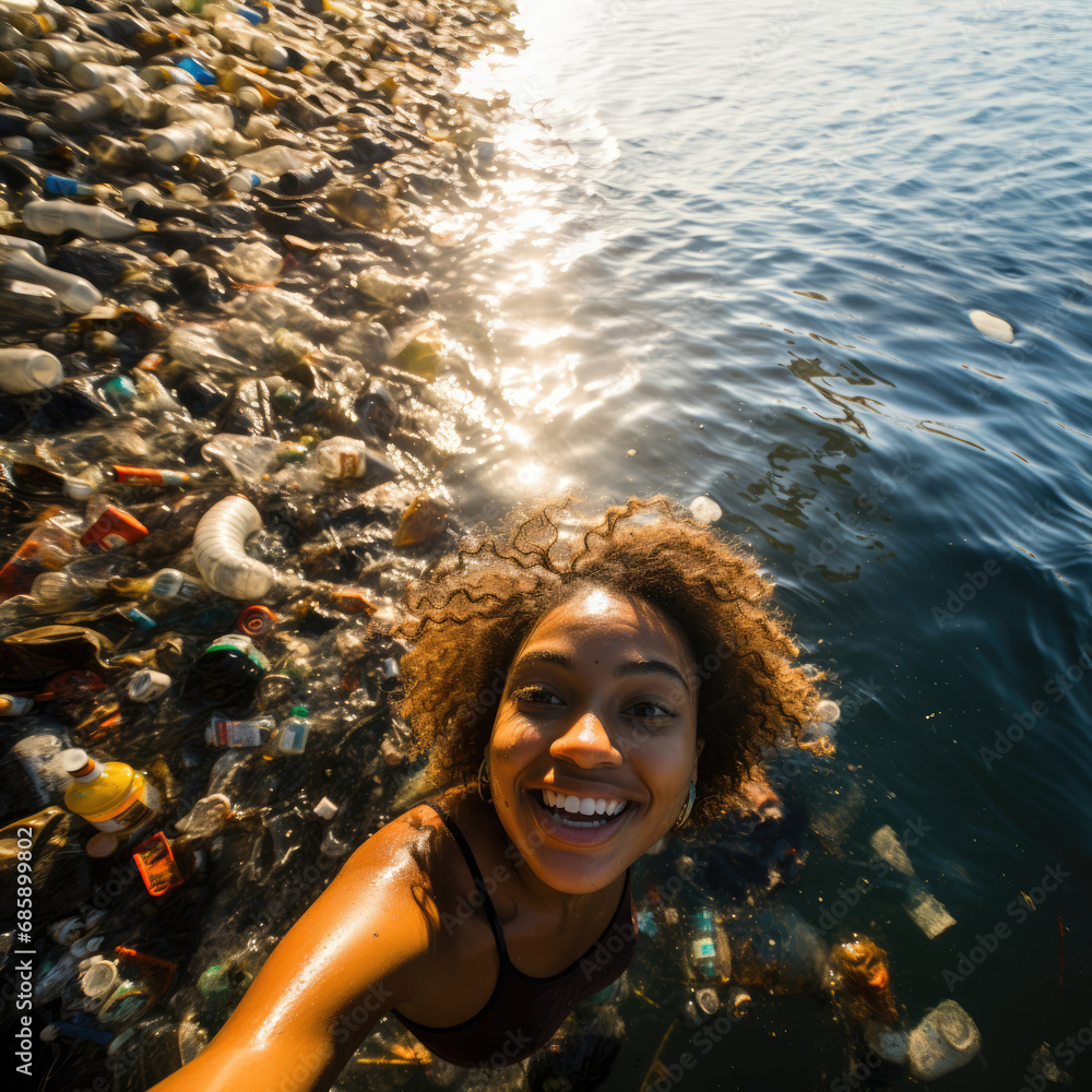 Water pollution - beautiful black young woman taking a selfie swimming ...