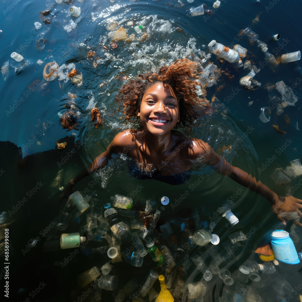 Water pollution - happy beautiful black girl smile and swim in river or ...