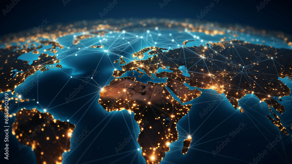 Abstract world map with glowing network lines, Symbolizing global trade and international ...