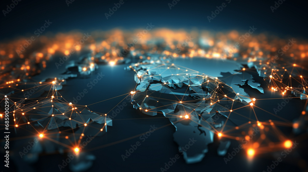 Abstract world map with glowing network lines, Symbolizing global trade and international ...