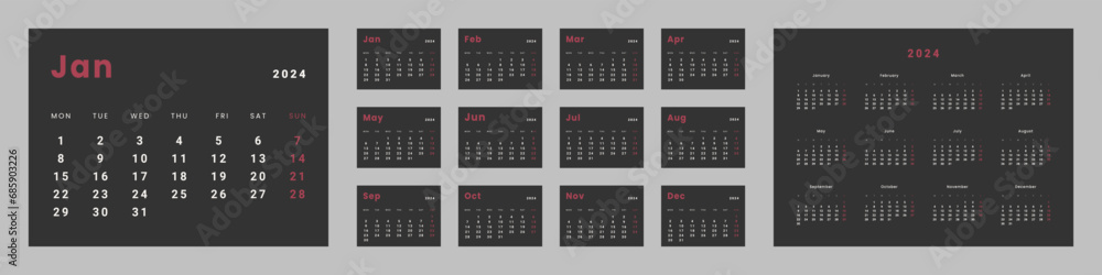 Set of monthly calendar planner page templates for 2024. Isolated ...