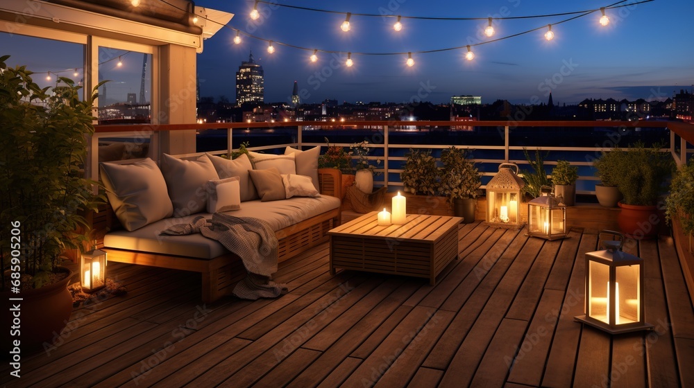 Roof terrace of a beautiful house with night-time view of the city ...