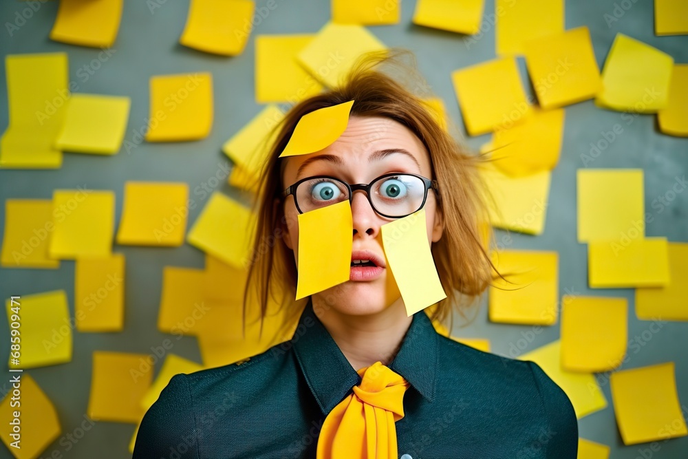 An overburdened female secretary struggles amid a sea of sticky notes ...