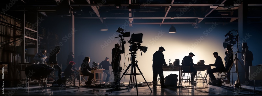 Film Set Crew Team Lightman And Cameraman Working Together With Film Set Crew Team Lightman And Cameraman Working Together With