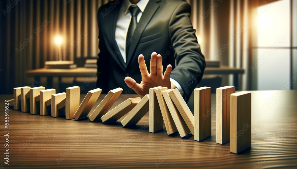 Person Dressed in a Business Suit Stopping a Domino Effect With Their ...