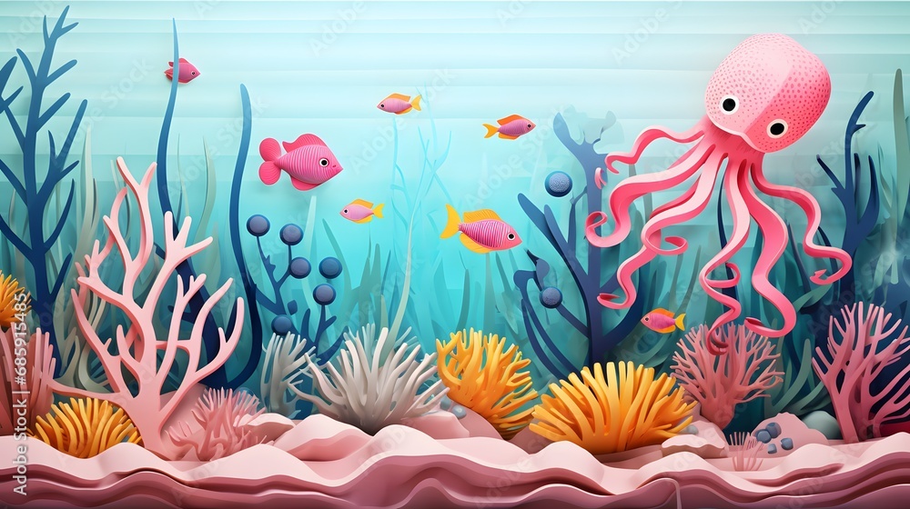 Cartoon sea paper cut banner landscape with octopus, seaweeds and ...