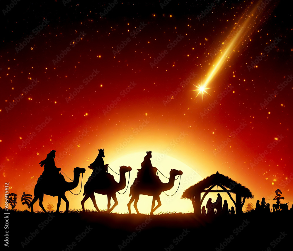 Three Kings Day illustration. Three wise men silhouette riding their ...