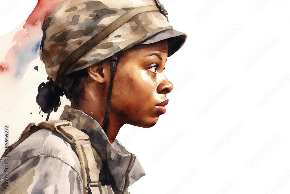 watercolor painting style of a black female soldier in military uniform ...