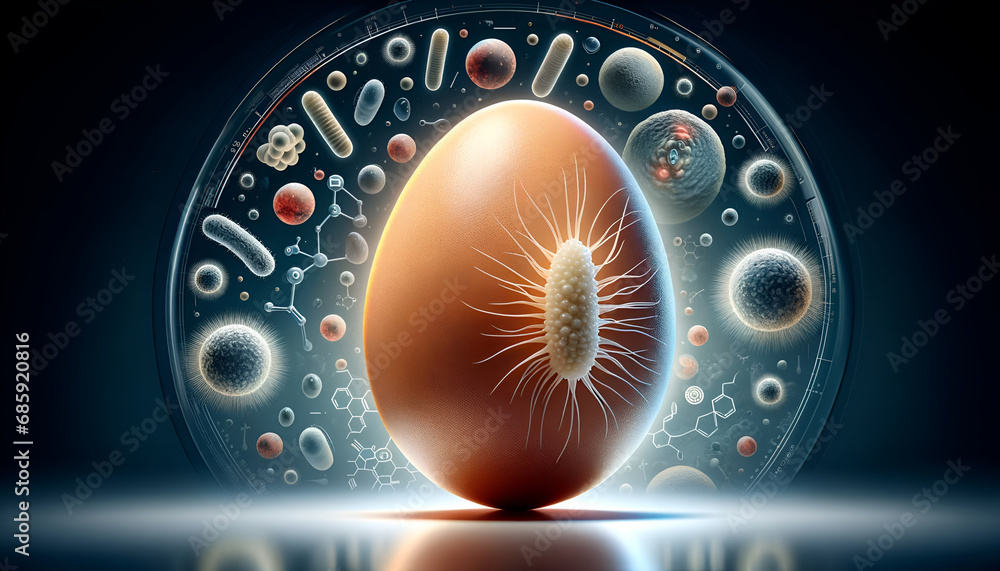Close-up image of an egg with conceptual harmful bacteria and viruses ...