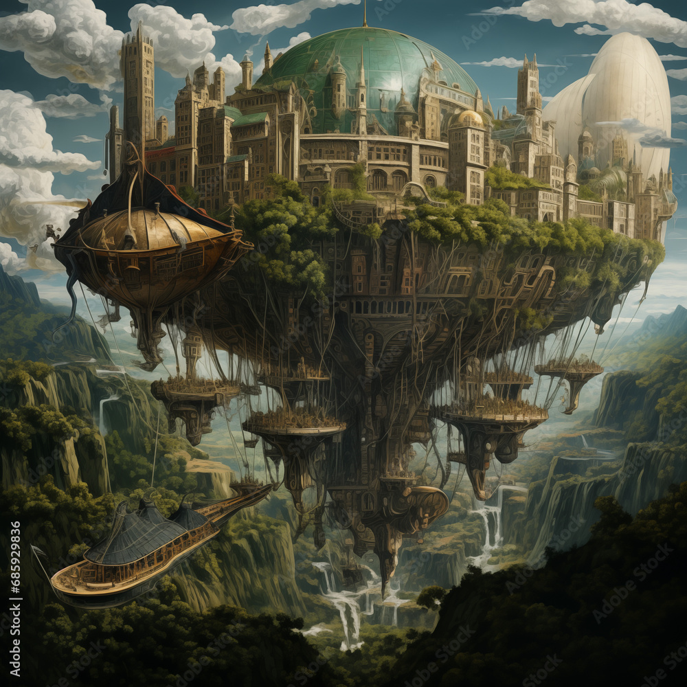 Fantasy landscape with flying castle in the clouds. An old ship in the ...