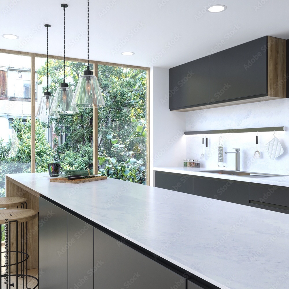 Modern Contemporary kitchen room interior .white and wood material ...