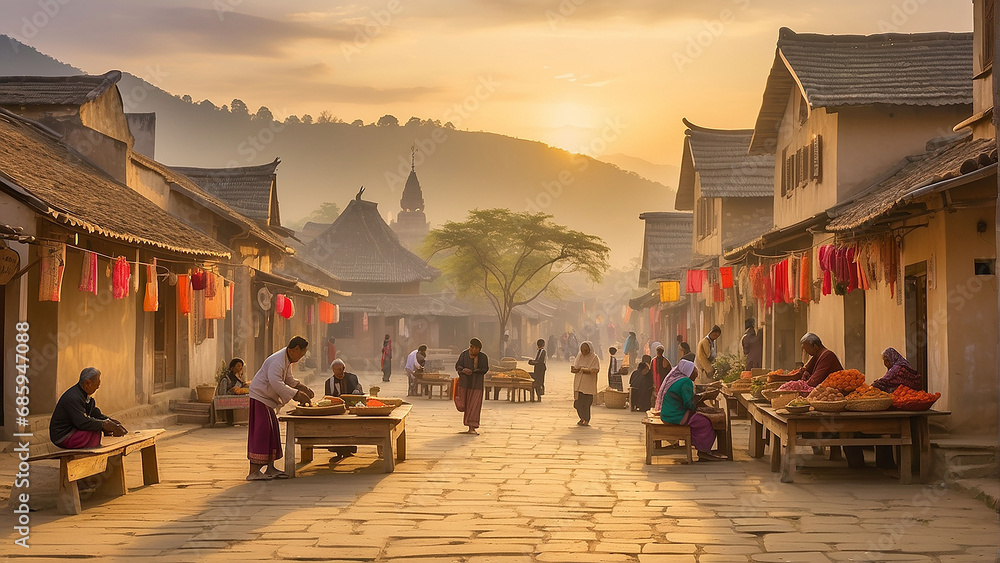 Visualize a village square surrounded by centuries-old buildings with ...