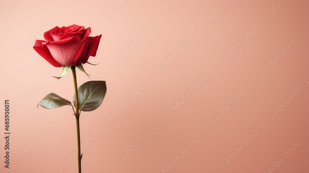Single red rose standing elegantly against a pale pink background, a ...