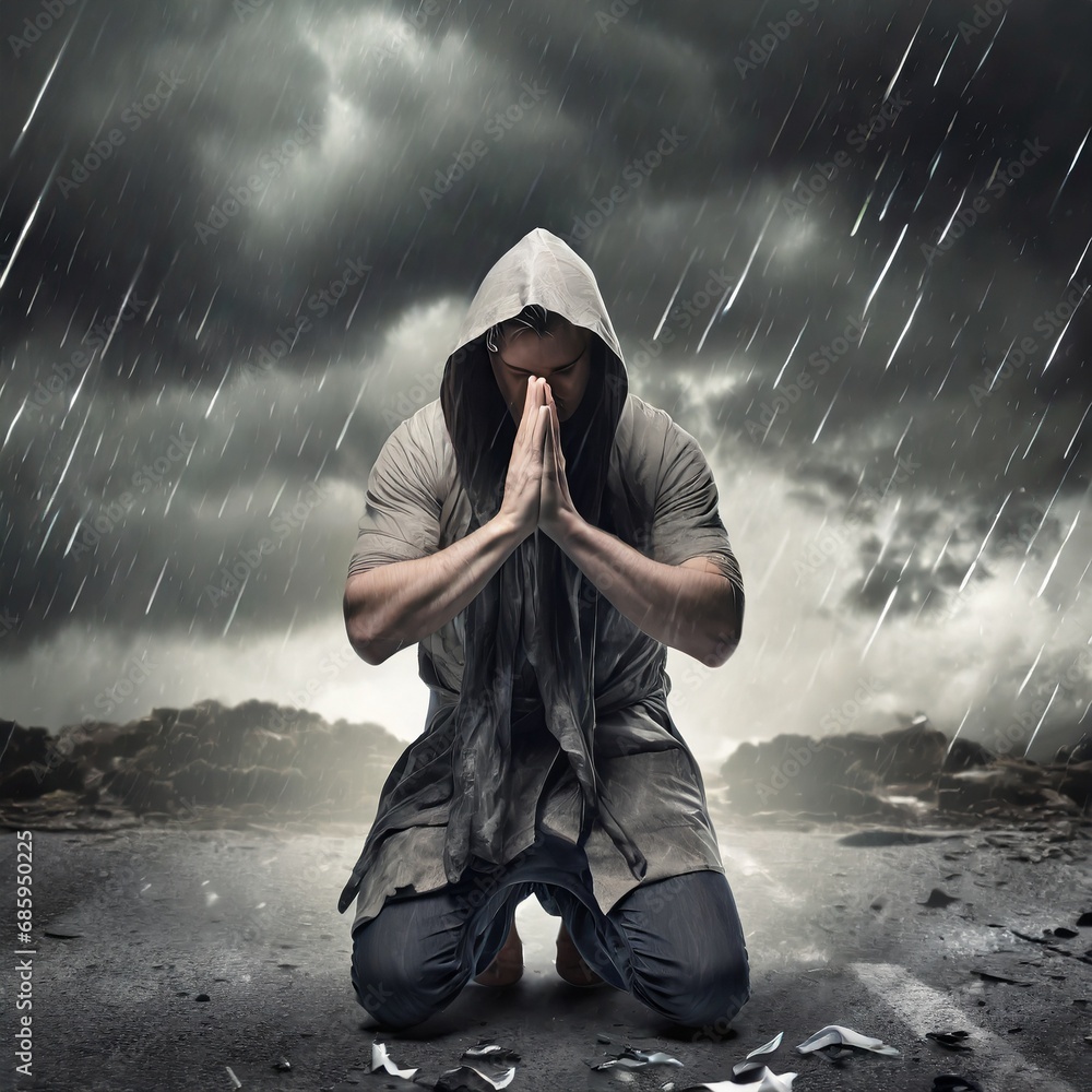 a man kneeling down praying in a disaster torn clothes with a dark sky ...