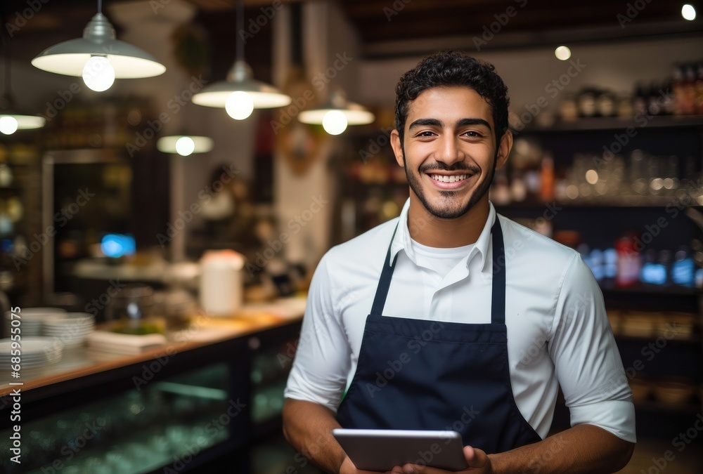 Restaurant, tablet and happy man or small business owner, e commerce ...