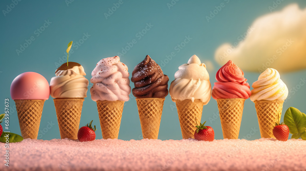 Ice cream and soft serve cones displayed side by side on crystal ...