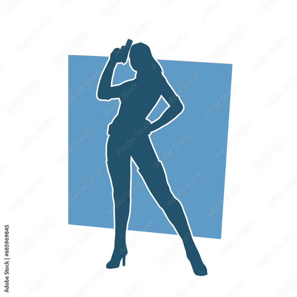 Silhouette of a woman fighter in pose carrying hand gun or pistol glock ...