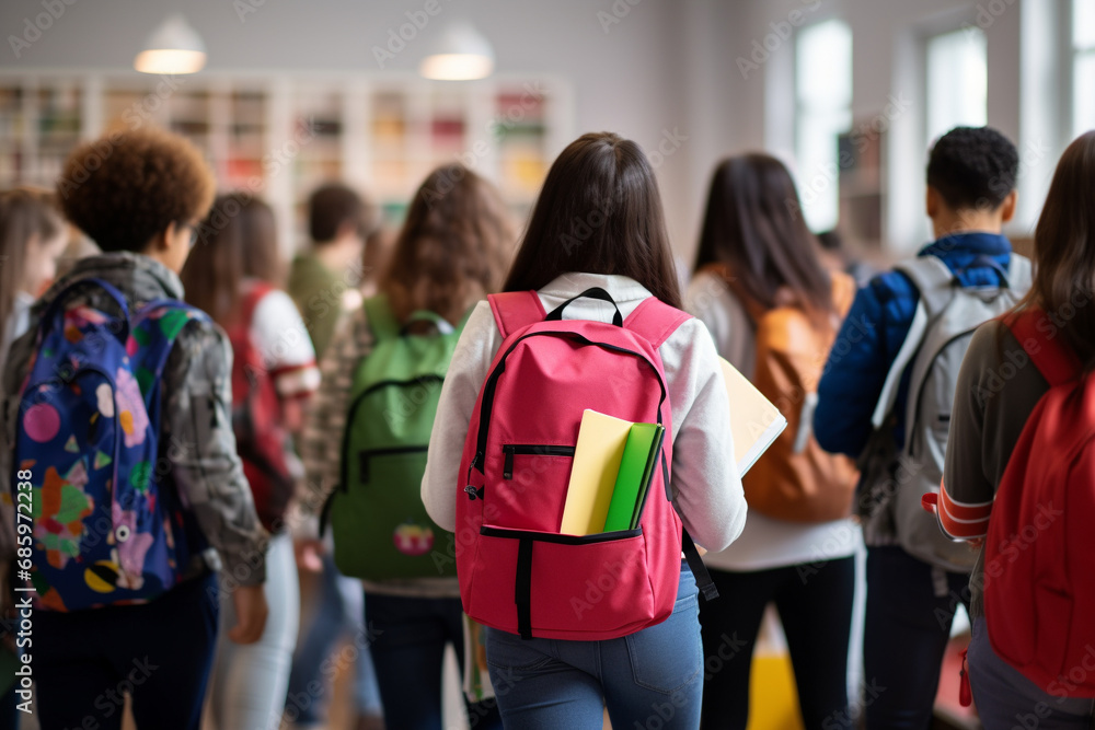 Back view of group of young students with backpack walking to classroom ...